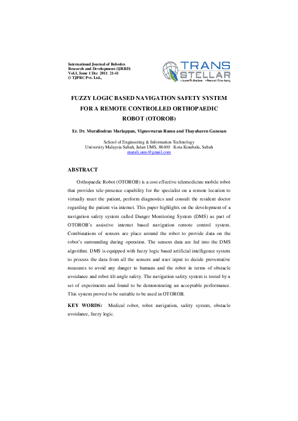 Pdf Fuzzy Logic Based Navigation Safety System For A Remote