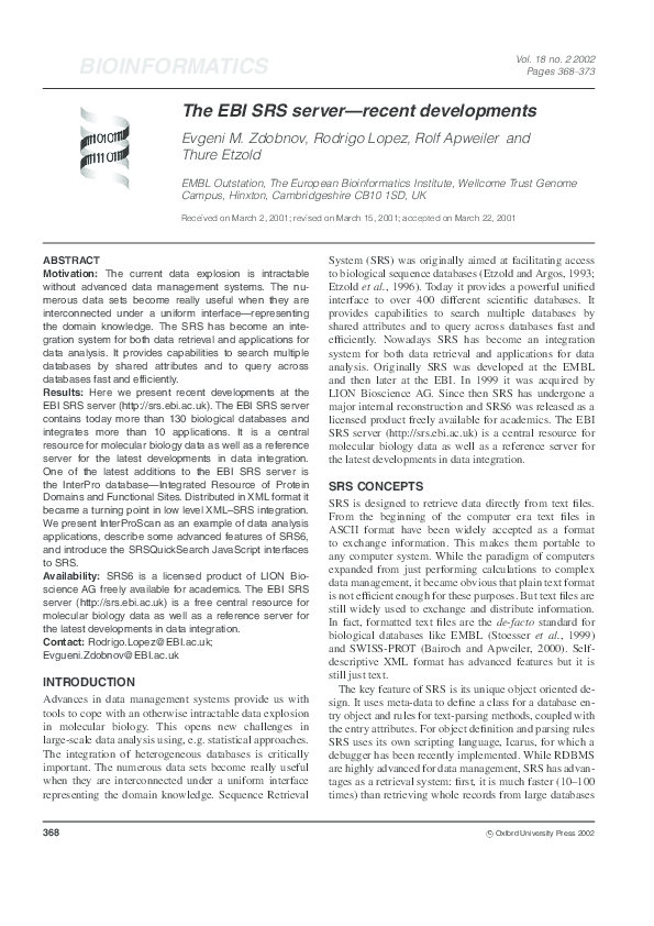 (PDF) The EBI SRS server-recent developments