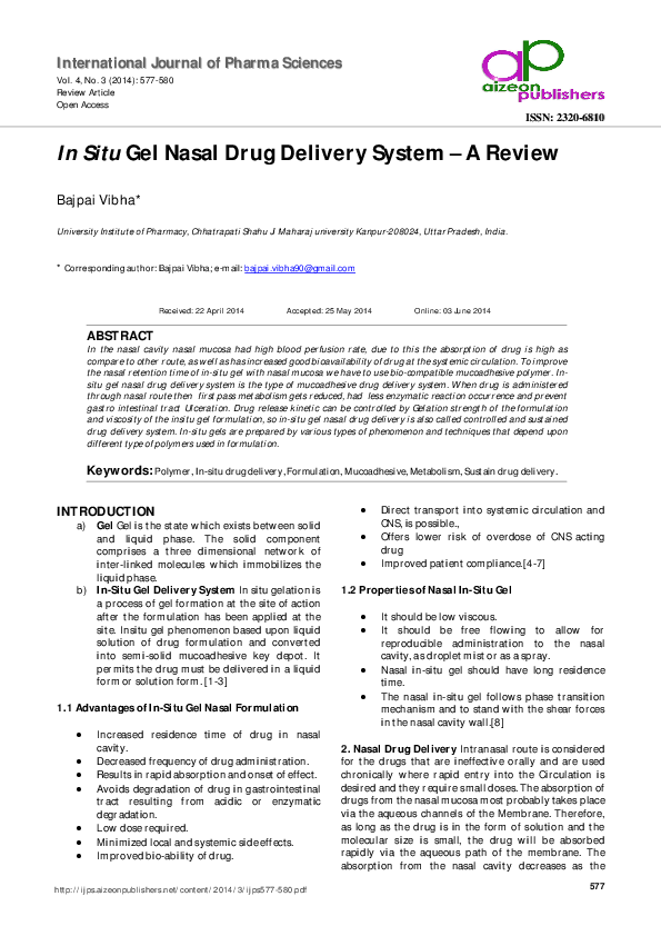 (PDF) In Situ Gel Nasal Drug Delivery System – A Review