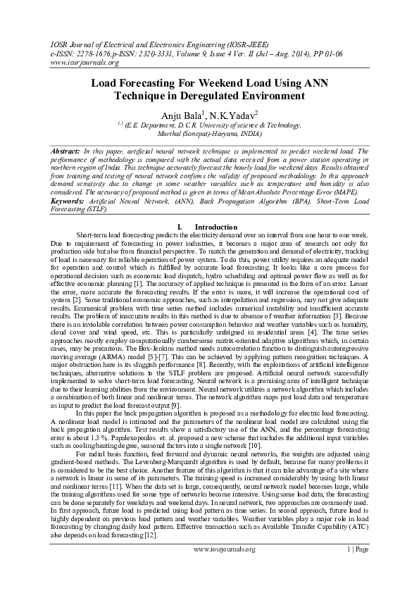 Pdf Load Forecasting For Weekend Load Using Ann Technique In Deregulated Environment