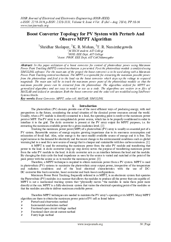 Pdf Boost Converter Topology For Pv System With Perturb And Observe Mppt Algorithm 1