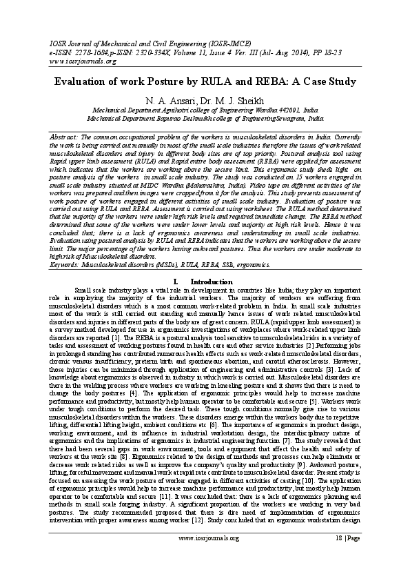 (PDF) Evaluation of work Posture by RULA and REBA: A Case Study