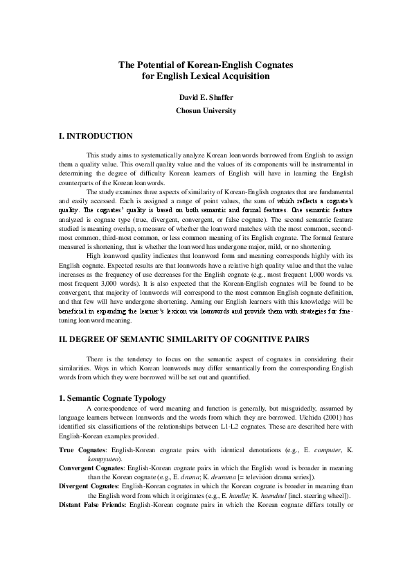 The Potential of Korean-English Cognates for English Lexical Acquisition