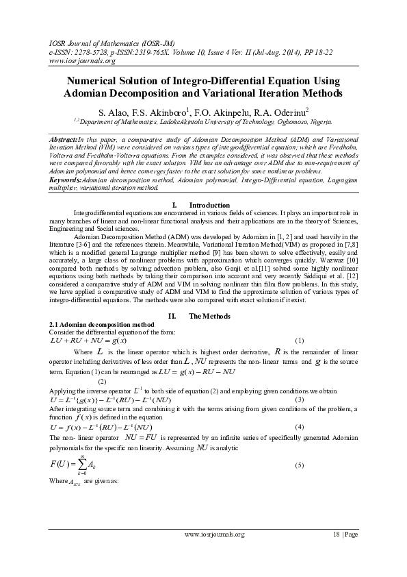 Pdf Numerical Solution Of Integro Differential Equation Using Adomian Decomposition And