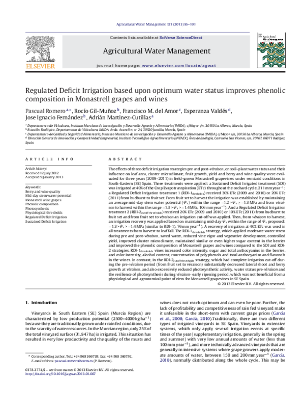 (PDF) Regulated Deficit Irrigation based upon optimum water status ...