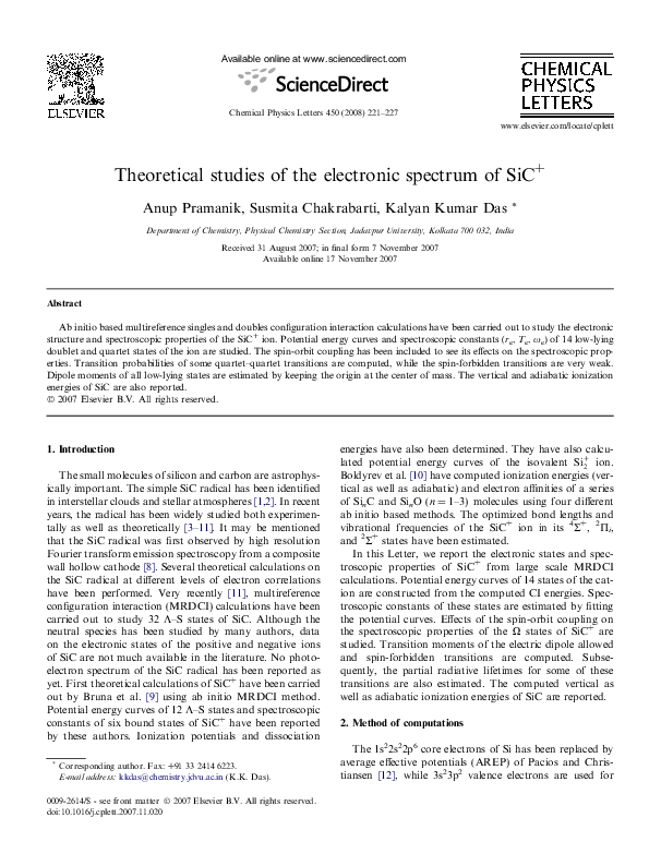 (PDF) Theoretical studies of the electronic spectrum of SiC+