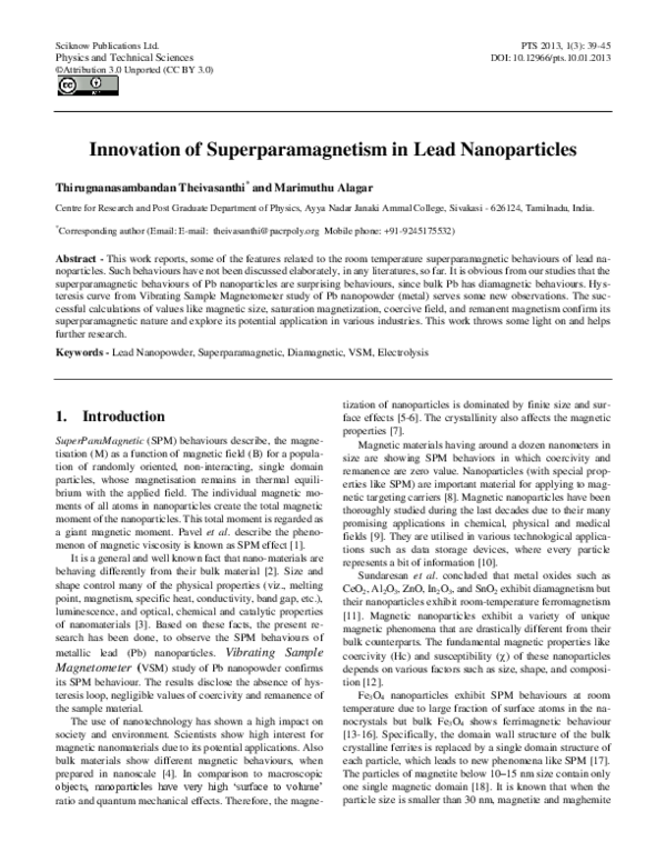 Innovation of Superparamagnetism in Lead Nanoparticles