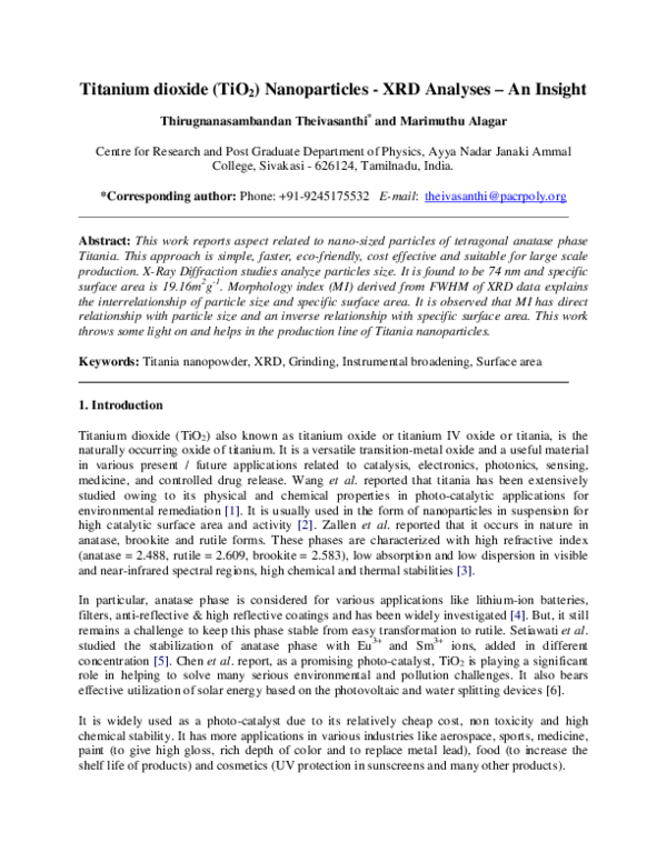 Titanium dioxide (TiO 2 ) Nanoparticles -XRD Analyses – An Insight