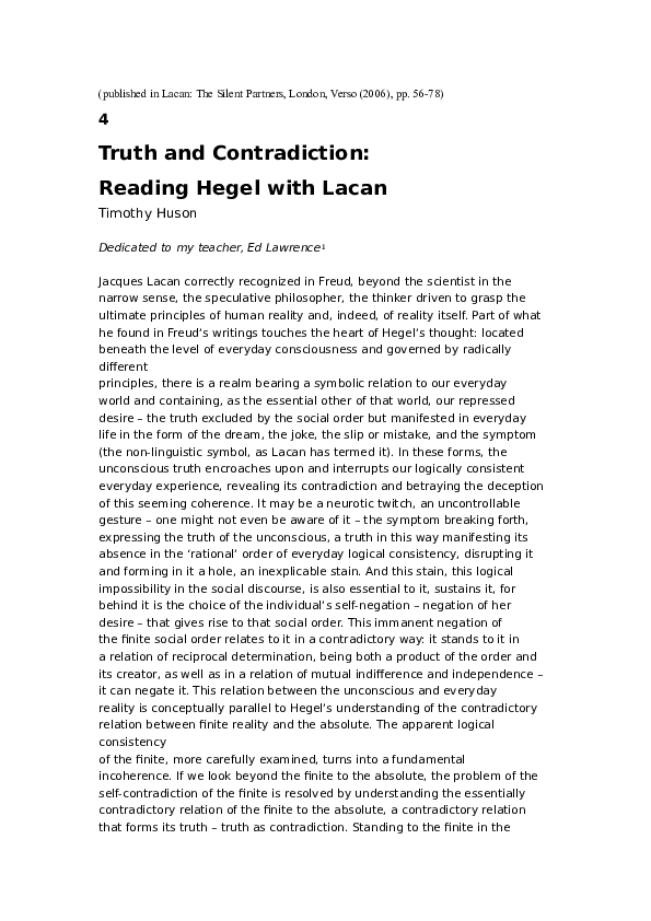 Truth and Contradiction: Reading Hegel with Lacan