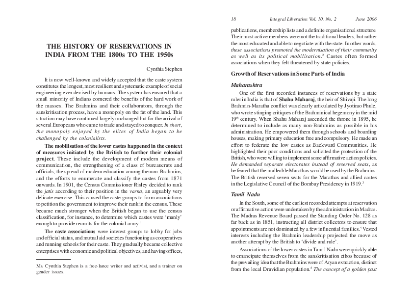 (PDF) THE HISTORY OF RESERVATIONS IN INDIA FROM THE 1800s TO THE 1950s