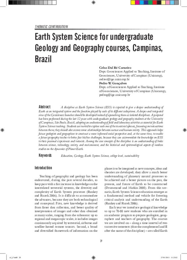 (PDF) Earth System Science for undergraduate Geology and Geography courses, Campinas, Brazil