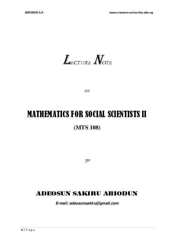 (PDF) Lecture note on Mathematics for Social Scientists II (MTS 108)