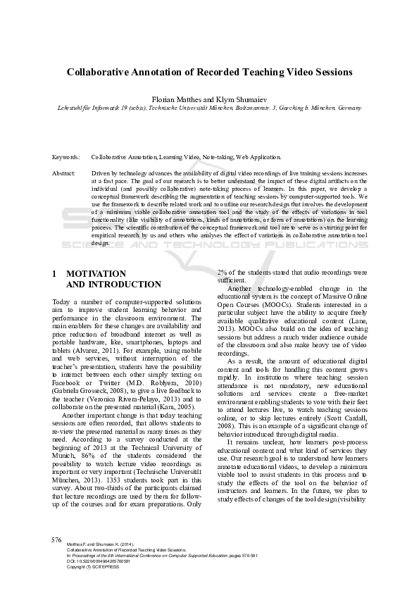 (PDF) Collaborative Annotation of Recorded Teaching Video Sessions