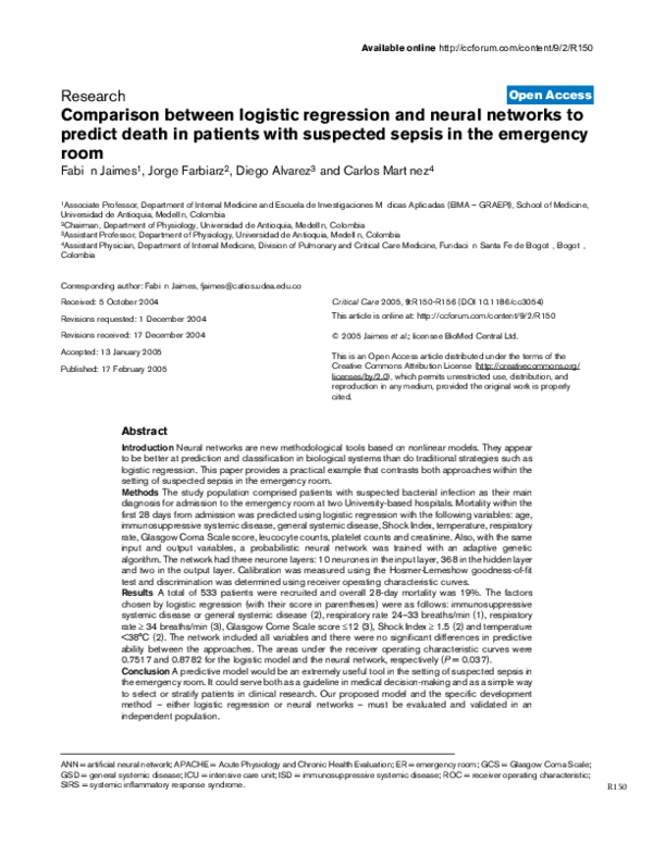 Pdf Comparison Between Logistic Regression And Neural Networks To Predict Death In Patients