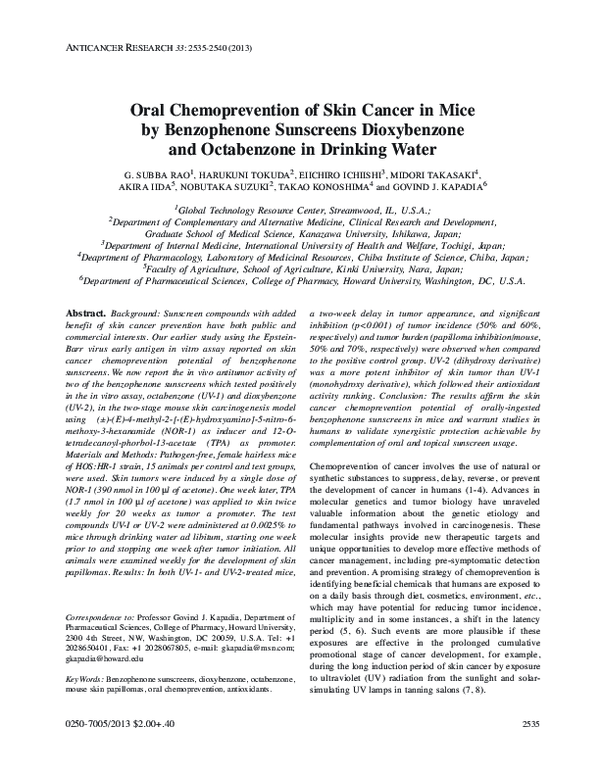 (PDF) Oral Chemoprevention of Skin Cancer in Mice by Benzophenone ...