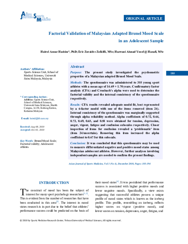 Pdf Factorial Validation Of Malaysian Adapted Brunel Mood Scale In An Adolescent Sample