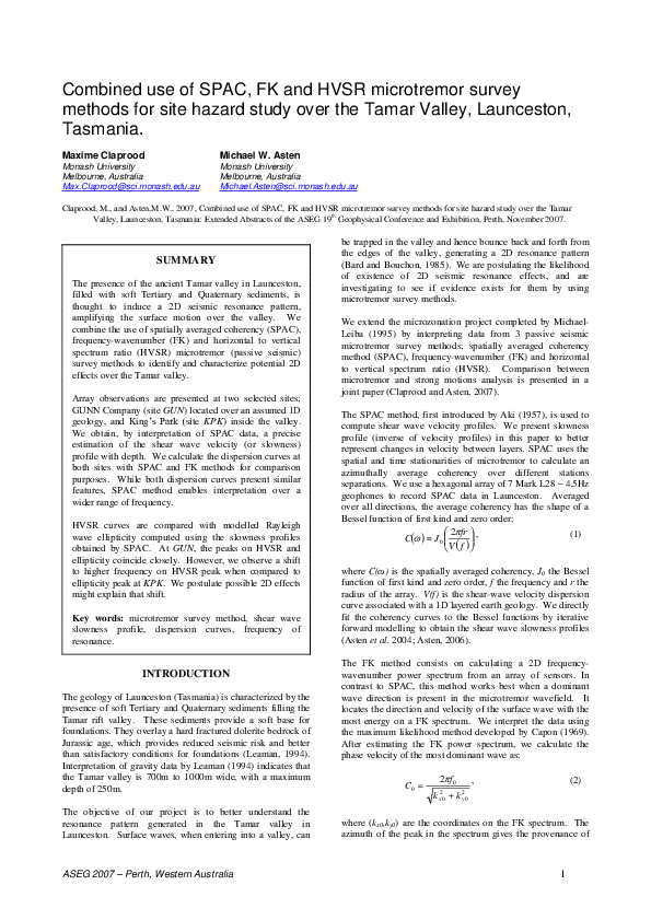 (PDF) Combined use of SPAC, FK and HVSR microtremor survey methods for site hazard study over ...