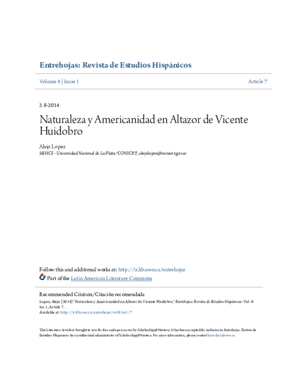 (PDF) Naturaleza y Americanidad en Altazor de Vicente Huidobro