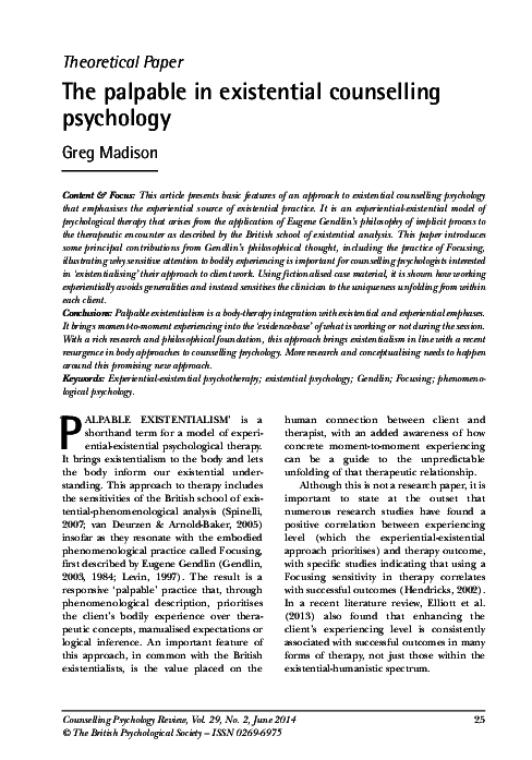 (PDF) The Palpable in Existential Counselling Psychology