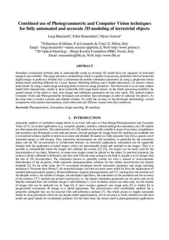 (PDF) Combined use of photogrammetric and computer vision techniques for fully automated and ...