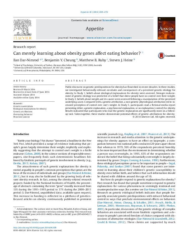 (PDF) Can merely learning about obesity genes affect eating behavior?