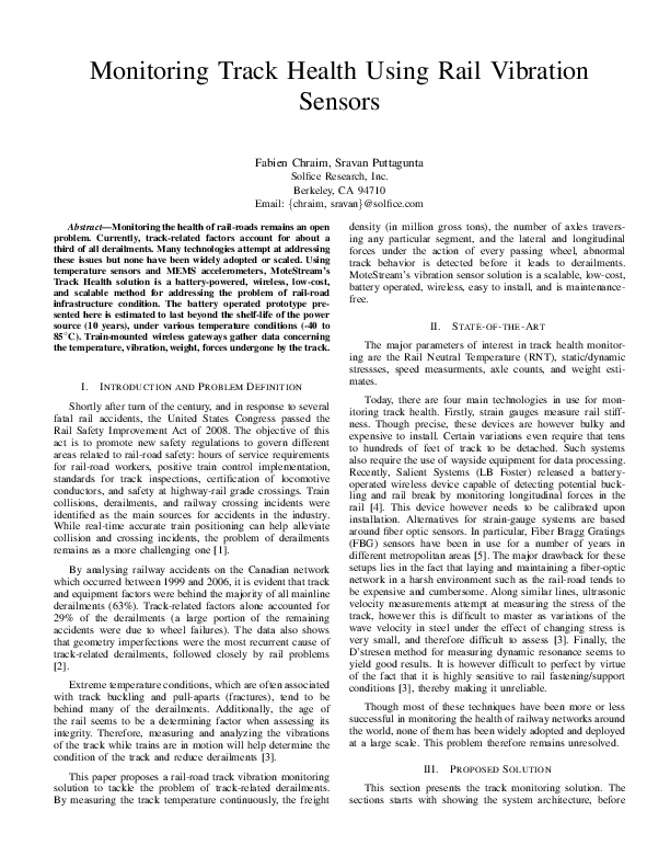(PDF) Monitoring Track Health Using Rail Vibration Sensors