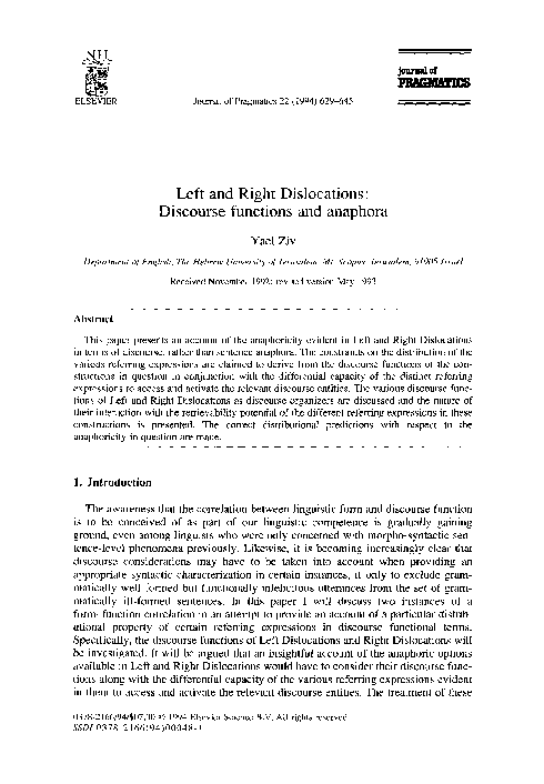 (PDF) Left and right dislocations: Discourse functions and anaphora