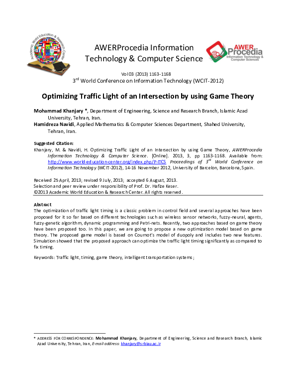 Pdf Optimizing Traffic Light Of An Intersection By Using Game Theory
