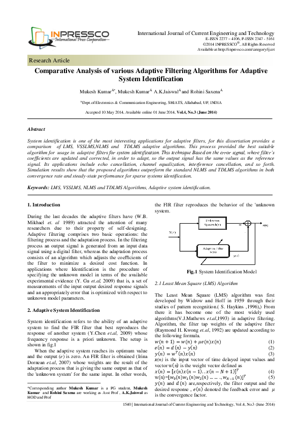 Pdf Comparative Analysis Of Various Adaptive Filtering Algorithms For