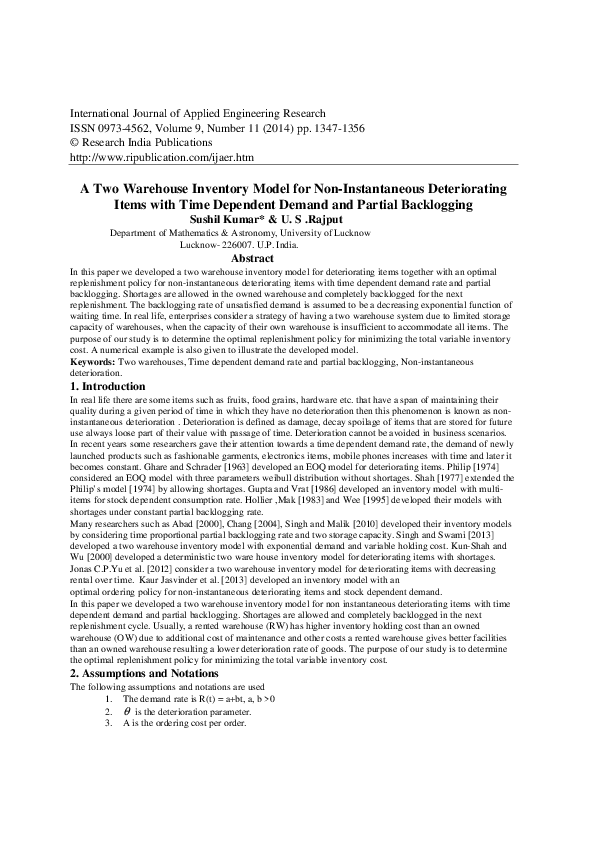 Pdf A Two Warehouse Inventory Model For Non Instantaneous Deteriorating Items With Time