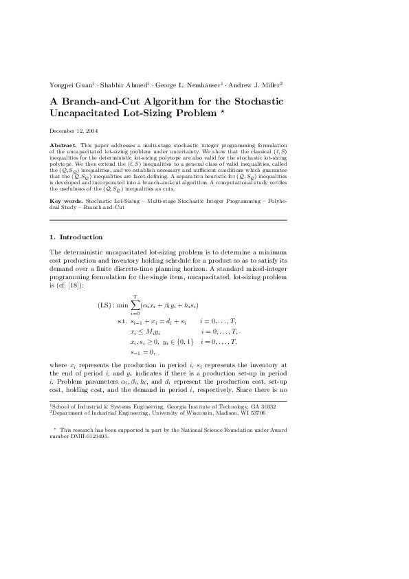 Pdf A Branch And Cut Algorithm For The Stochastic Uncapacitated Lot