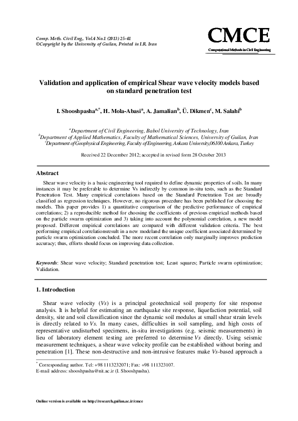 Pdf Validation And Application Of Empirical Shear Wave Velocity Models Based On Standard