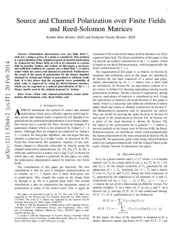 (PDF) Source and Channel Polarization over Finite Fields and Reed-Solomon Matrices