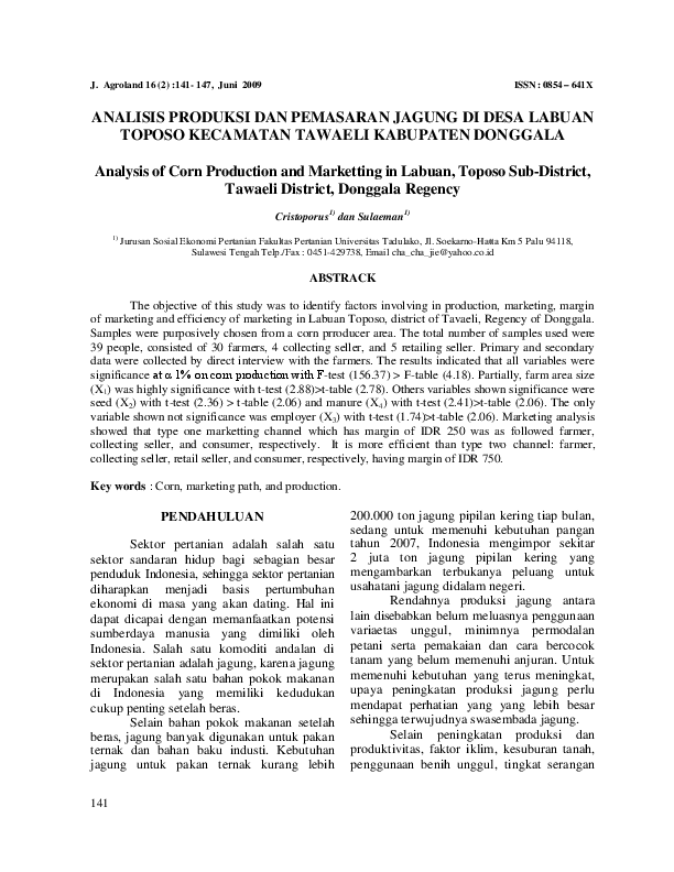 (PDF) ANALISIS PRODUKSI DAN PEMASARAN JAGUNG DI DESA LABUAN TOPOSO ...