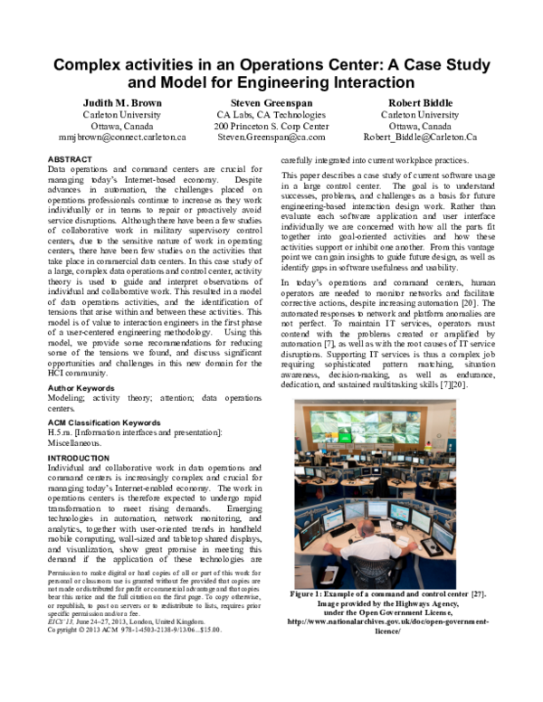(PDF) Complex activities in an Operations Center: A Case Study and ...
