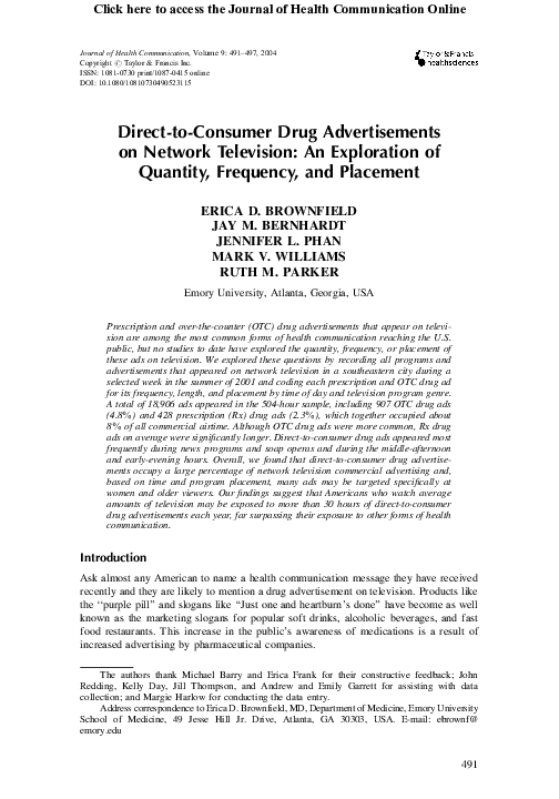 (PDF) Direct-to-Consumer Drug Advertisements on Network Television: An ...