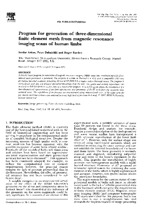 Pdf Program For Generation Of Three Dimensional Finite Element Mesh From Magnetic Resonance