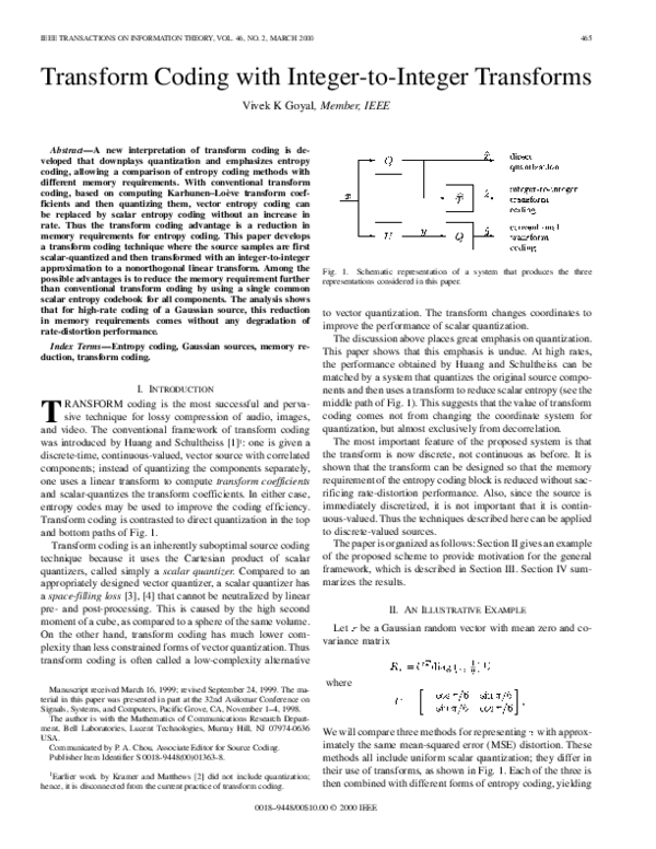 Pdf Transform Coding With Integer To Integer Transforms 3359