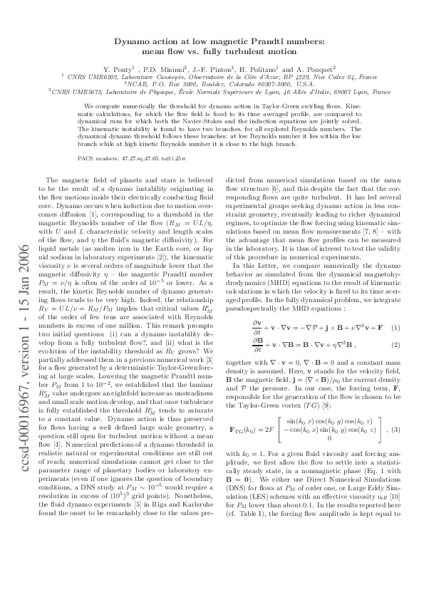 (PDF) Dynamo action at low magnetic Prandtl numbers: mean flow vs. fully turbulent motion