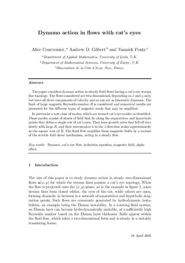 (PDF) Dynamo action in flows with cat's eyes | yannick ponty - Academia.edu