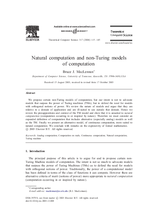 (PDF) Natural Computation and Non-Turing Models of Computation | Bruce J MacLennan - Academia.edu