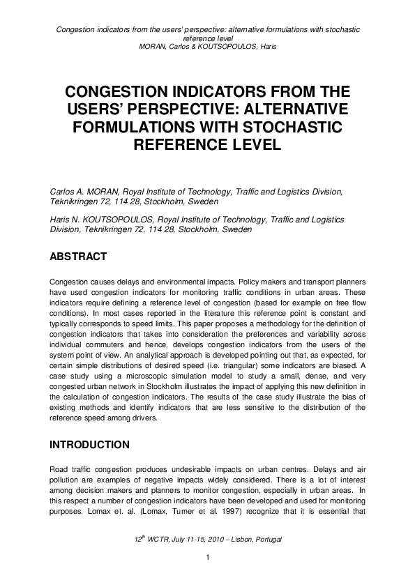 (PDF) Congestion indicators from the users’ perspective : alternative ...