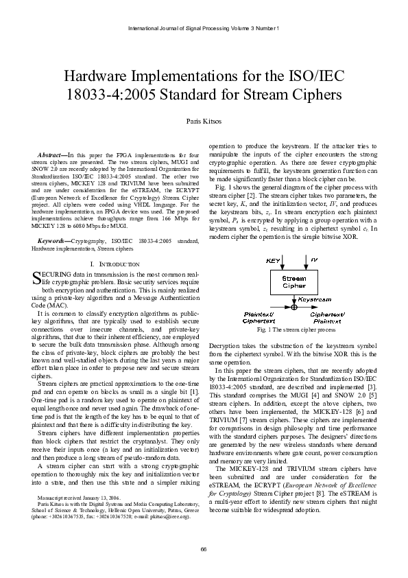 (PDF) Hardware Implementations for the ISO/IEC 18033-4: 2005 Standard for Stream Ciphers