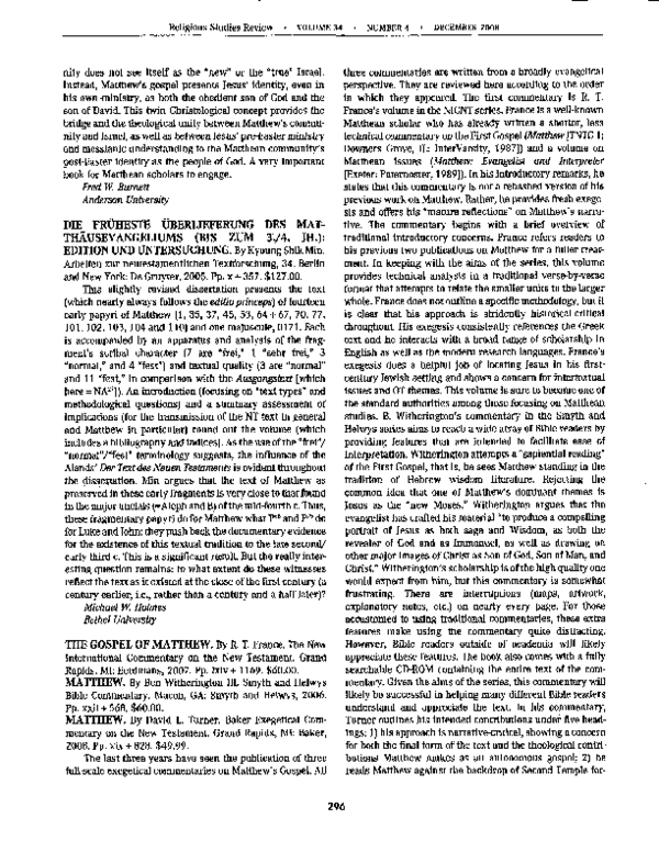 (PDF) Review of R. T. France, The Gospel of Matthew (NICNT; Grand ...