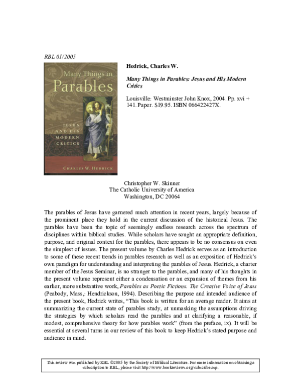 (PDF) Review of Charles W. Hedrick, Many Things in Parables: Jesus and ...