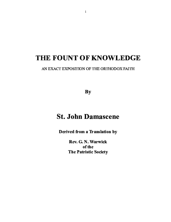 (PDF) The Fount of Knowledge by Saint John Damascene