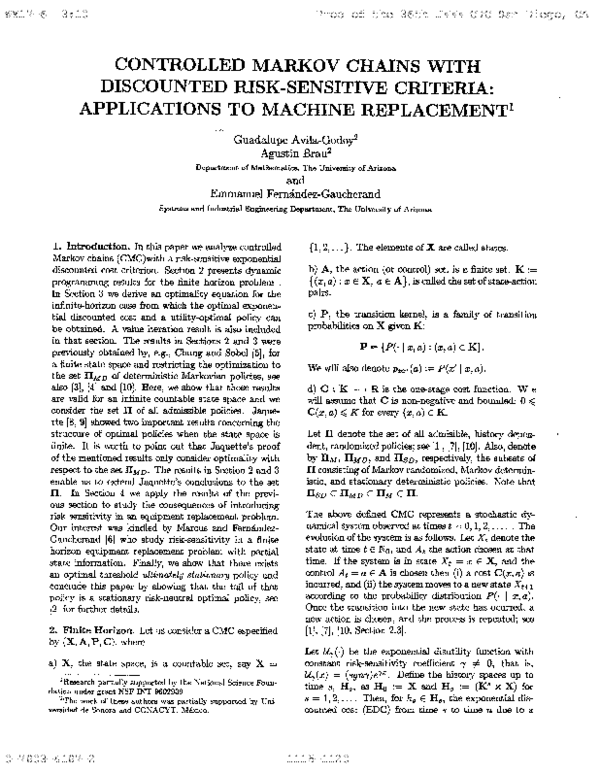 (PDF) Controlled Markov chains with discounted risk-sensitive criteria: Applications to machine ...