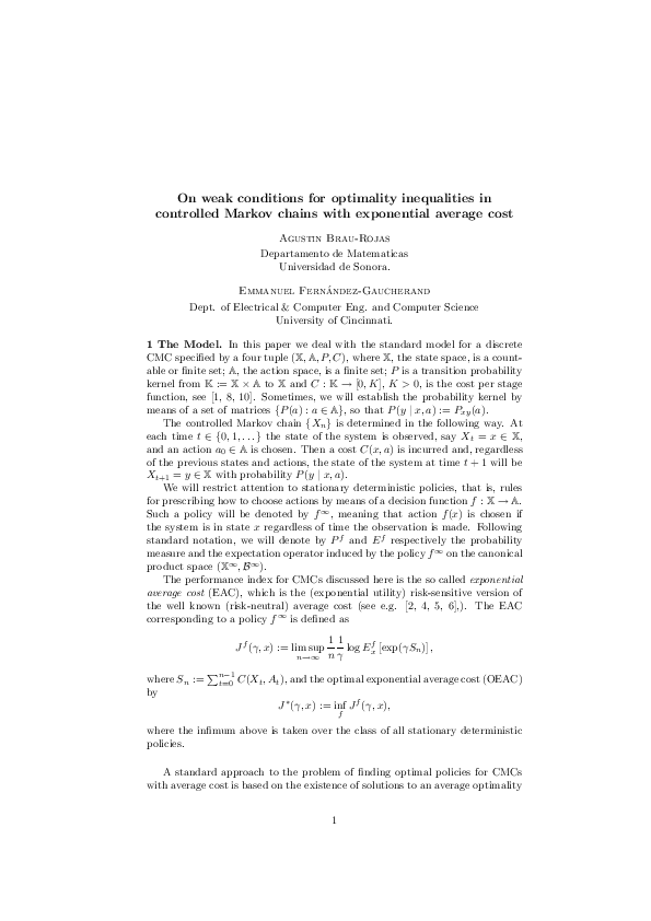 (PDF) On weak conditions for optimality inequalities in controlled Markov chains with ...