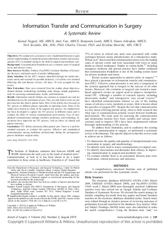 (PDF) Information Transfer and Communication in Surgery A Systematic Review