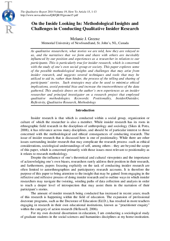 (PDF) On the Inside Looking In: Methodological Insights and Challenges ...